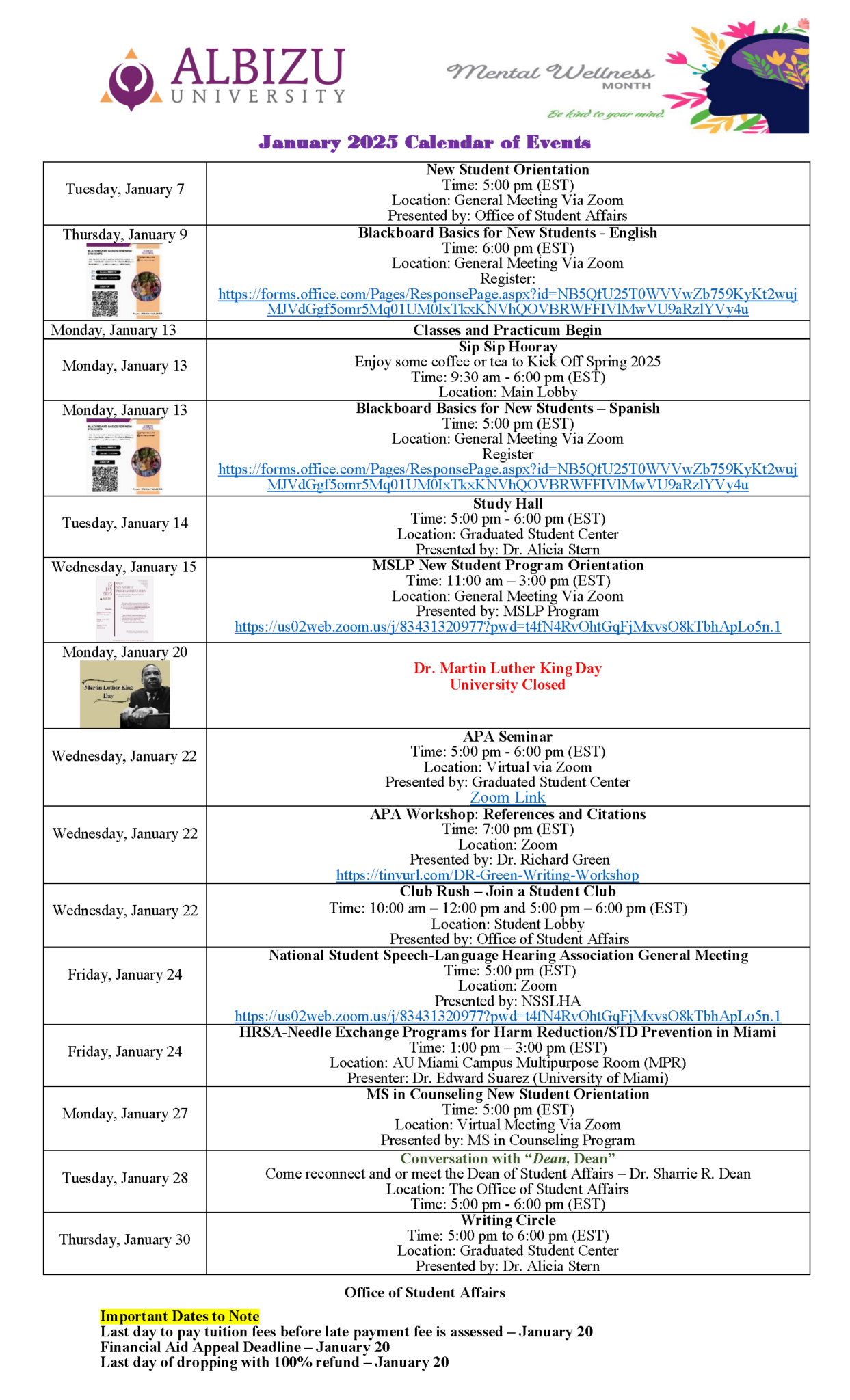January 2025 Calendar of Events | Albizu Info Central
